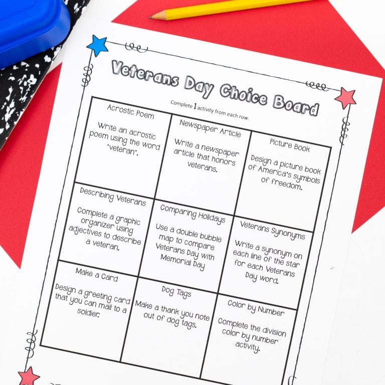 Veterans Day Choice Board - Ashleigh's Education Journey